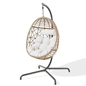 Ulax Furniture Swing Egg Chair with Stand - Indoor/Outdoor Wicker Rattan Hammock Chair with UV-Resistant Cushions - Patio Hanging Chair for Garden, Deck, and Poolside