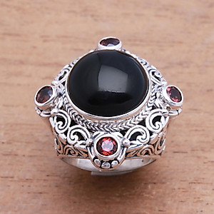 NOVICA Artisan handmade onyx garnet cocktail ring crafted bali sterling silver multi stone indonesia gemstone birthstone [Ring front 1.2 in L x 1.2 in W x 0.5 in H Band width 5 mm W] ' regal