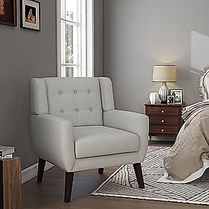 UIXE Comfy Arm Accent Chairs for Bedroom, Mid Century Modern Armchair Living Room Sofa Chair with Wooden Legs, Linen Fabric Button Tufted Upholstered Reading Chair for Home Office (Beige)
