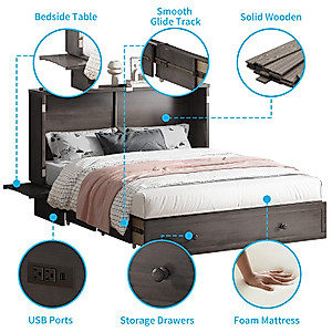 Mjkone Murphy Bed Chest, Cabinet Bed with Trifold Foam Mattress, Queen Murphy Cube Cabinet Bed with USB Charging Station and Large Storage Drawers for Living Room/Bedroom/Office (Grey)