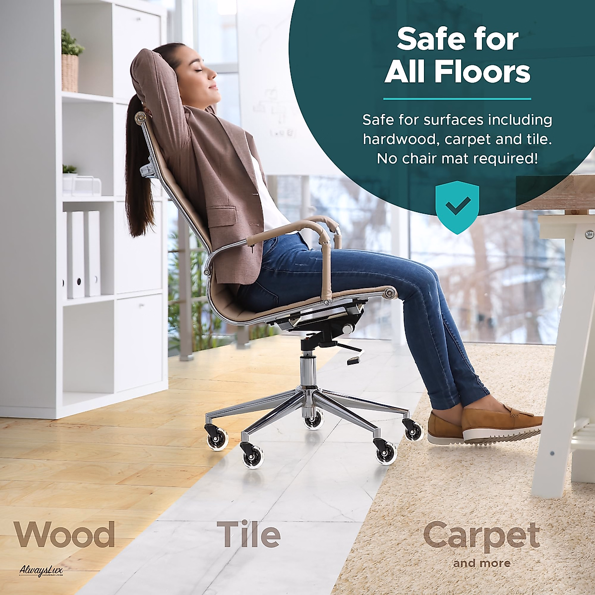 AlwaysLux, The Original Office Chair Caster Wheel (Set of 5) Safe For All Floors Including Hardwood - Perfect Replacement For Desk Floor Mat, Universal Fit
