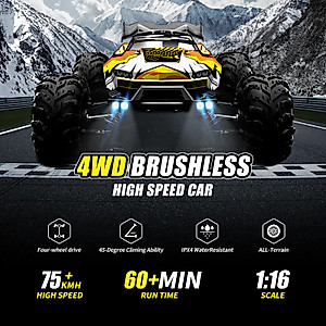 Mukola Brushless RC Cars for Adults Boys, Max 75 KPH Fast RC Truck, 4WD All Terrain Remote Control Car with 60 Min Runtime, 1:16 Offroad RC Monster Truck with Metal Parts & 3 Batteries