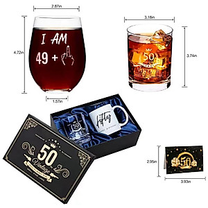 PUGED 50th Birthday Gift Set for Men or Women with Gift Package Vintage 12 oz Whiskey Glass and 49 + One Middle Finger 18 oz Stemless Wine Glass