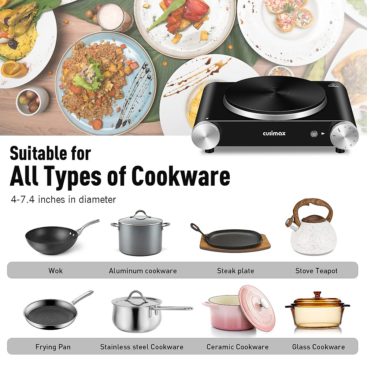 Cusimax Hot Plate Portable Electric Stove Countertop Single Burner with Adjustable Temperature Control & Non-Slip Rubber Feet, 7.4” Cooktop for Dorm Office Home Camp, Compatible for All Cookwares