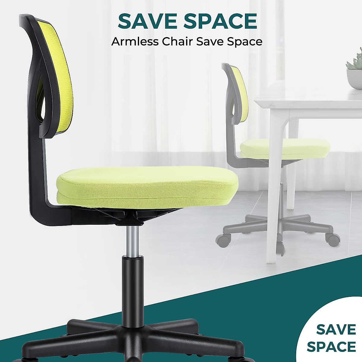 DUMOS Armless Desk Wheels Cute Home Office Chairs, Ergonomic Adjustable Swivel Rolling Task, Comfy Mesh Mid Back Computer Work Vanity Chair for Small Spaces, Green