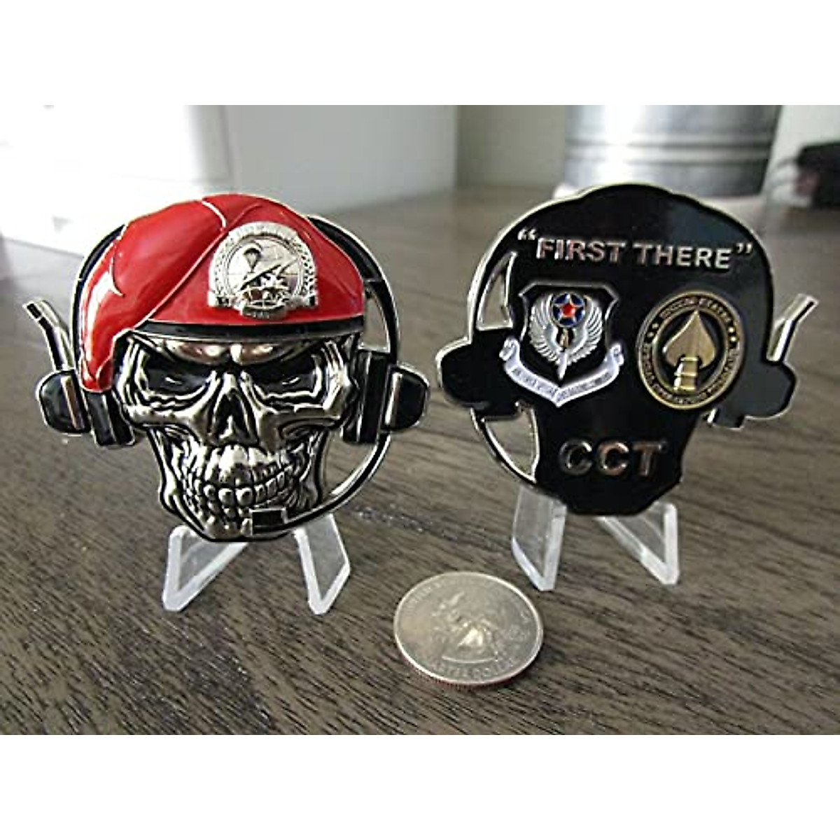 Set of 2 United States Air Force Special Forces Pararescueman Creed Pararescue PJ's Beret Skull & AFSOC Combat Control Challenge Coins