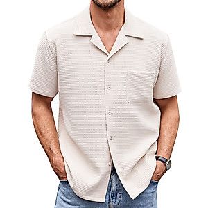 COOFANDY Men's Waffle Shirt Button Down Short Sleeve Shirt Loose Fit Cuban Beach Tops Khaki