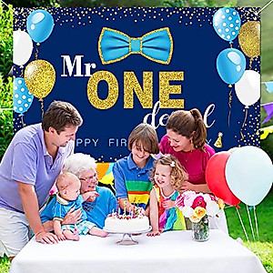 Mr. Onederful Birthday Party Decorations for Boys Happy 1st Birthday Banner Backdrop Large First Birthday Cake Table Decor Mr One Party Favor Supplies (Blue and Gold)