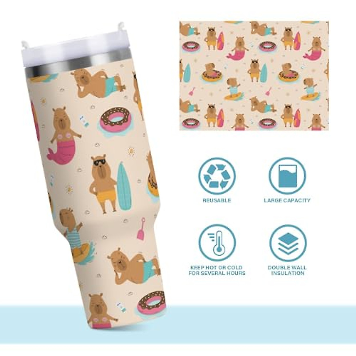 DIGTIA Stainless Steel Insulated Tumbler w/Handle & Straw, Capybara Swimming Ring Double Wall Vacuum Travel Coffee Mug Cup w/Lid, Leak-Proof Sports Summer Water Bottle,30oz