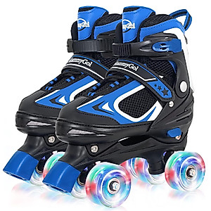 MammyGol Roller Skates for Boys Girls, 4 Sizes Adjustable Quad Skates for Kids with All Light up Wheels, Full Protection for Toddler's Indoor and Outdoor Play Blue Size 10C 11C 12C 13C