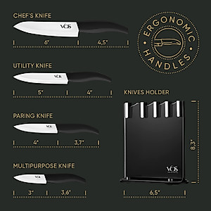 Vos Ceramic Knife Set, Ceramic Knives Set For Kitchen, Ceramic Kitchen Knives With Holder, Ceramic Paring Knife 3", 4", 5", 6" Inch Black