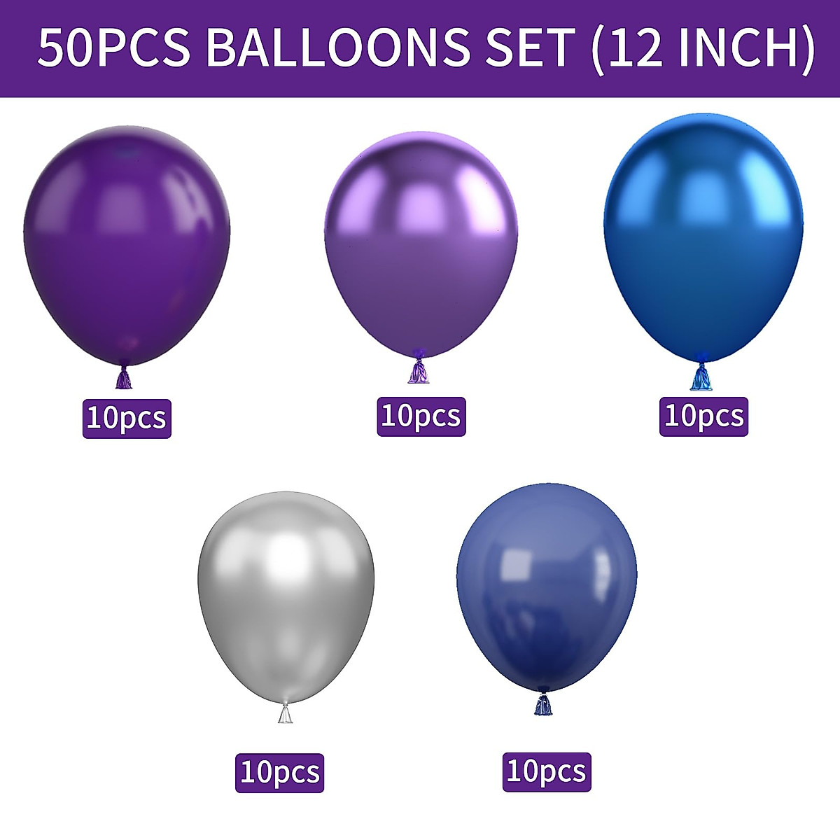 Purple and Blue Balloons Set, 50 PCS 10 Inch Purple Blue Black Party Balloons, Space Balloons Navy Blue Purple Silver Helium Balloons for Birthday Party Space Theme Baby Shower Supplies