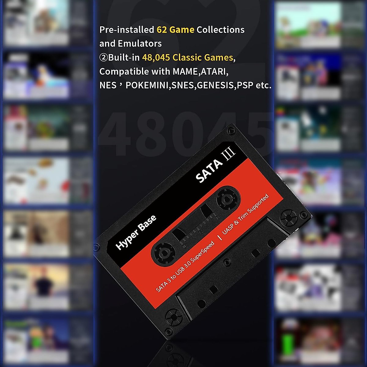 Retro Game Console Made by 500G External Hard Drive, Emulator Console Built-in 48,045 Games, Batocera Game System 62 Emulators Compatible with PSP/ATARI/3DO/MAME, Plug and Play in Windows