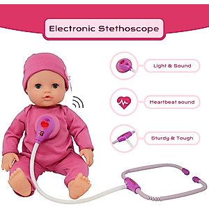 Interactive 16” Baby Doll Toy Doctor Kit with Light Up Heartbeat Sound Stethoscope, Pretend Role Play Accessories Set - Medical Checkup Playset Gift Pack for Kids, Girl Toddler – Pink, (16 Inch)