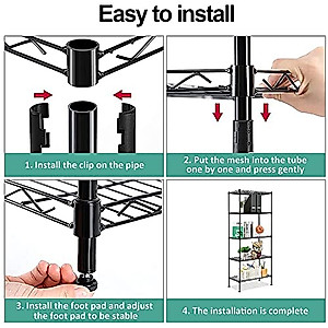 MACRO GLOBE 5-Tiers Carbon Steel Shelving Units, Kitchen Organizer with 6 Hooks, Classic Wire Shelving Units, Multi Use Storage Rack for Home Office, Size 59.10 “x 23.60” x 13.80”(Black)