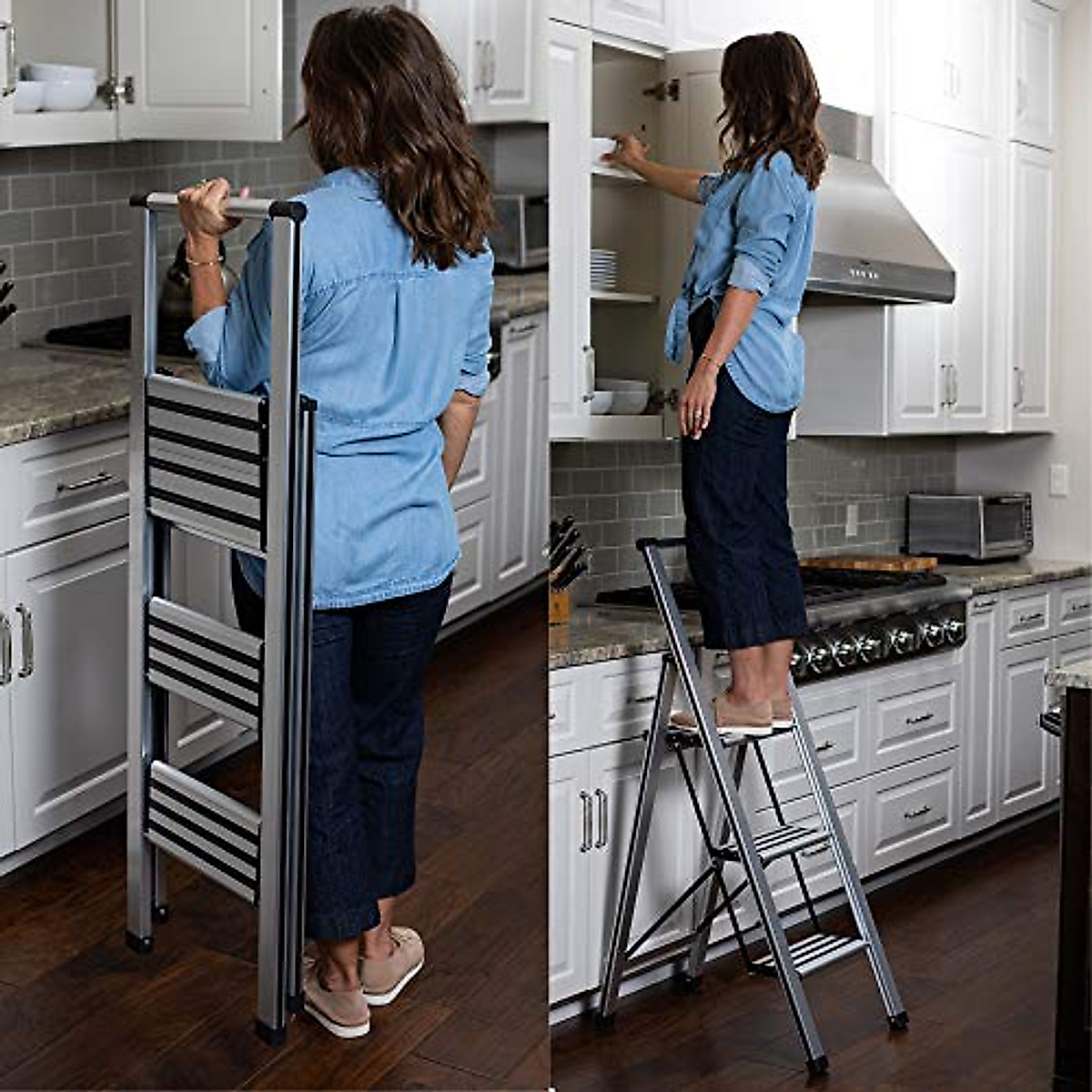 BirdRock Home 3-Step Slim Aluminum Step Ladder - Sturdy Thin Folding Stool - 3 Anti-Slip Steps - Wide Platform - Great for Your Kitchen, Pantry, Closets, or Home Office - Indoor Stool - Silver