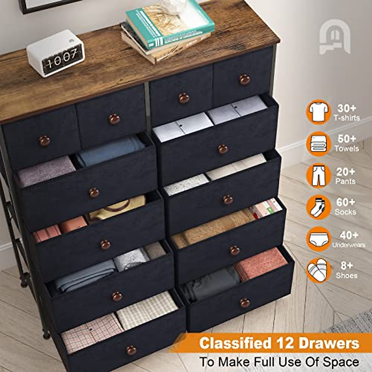 AOPSEN 12 Drawer Tall Dresser, Storage Chests of Drawers, Black Fabric Dresser for Bedroom Closet Nursery Living Room, Wooden Top and Metal Frame, Rustic Brown