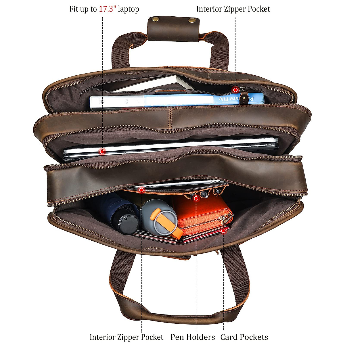 Polare 18.5” Full Grain Leather Laptop Briefcase Messenger Work Bag Overnight Bag For Men X-Large Fits 17.3” Laptop