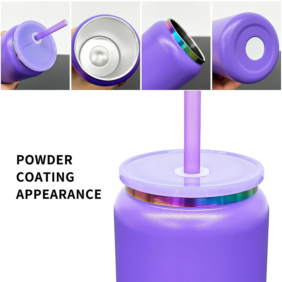 Glass Cups with Lids and Straws, 16 oz Stainless Steel Cups, Insulated Skinny Tumbler, Powder Coated Travel Mugs for Laser Engrave, Iced Coffee Cup for Smoothie Water DIY Gift (Purple,1 pack)