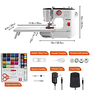 VEVOR Sewing Machine, Portable Sewing Machine for Beginners with 12 Built-in Stitches & Reverse Sewing, Dual Speed Kids Sewing Machine with Extension Table Foot Pedal, Accessory Kit Family Home Travel