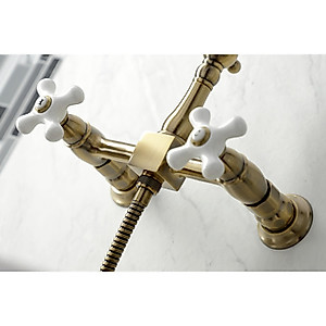 Kingston Brass KS1248PXBS Heritage Wall Mount Bridge Kitchen Faucet Sprayer, Antique Brass