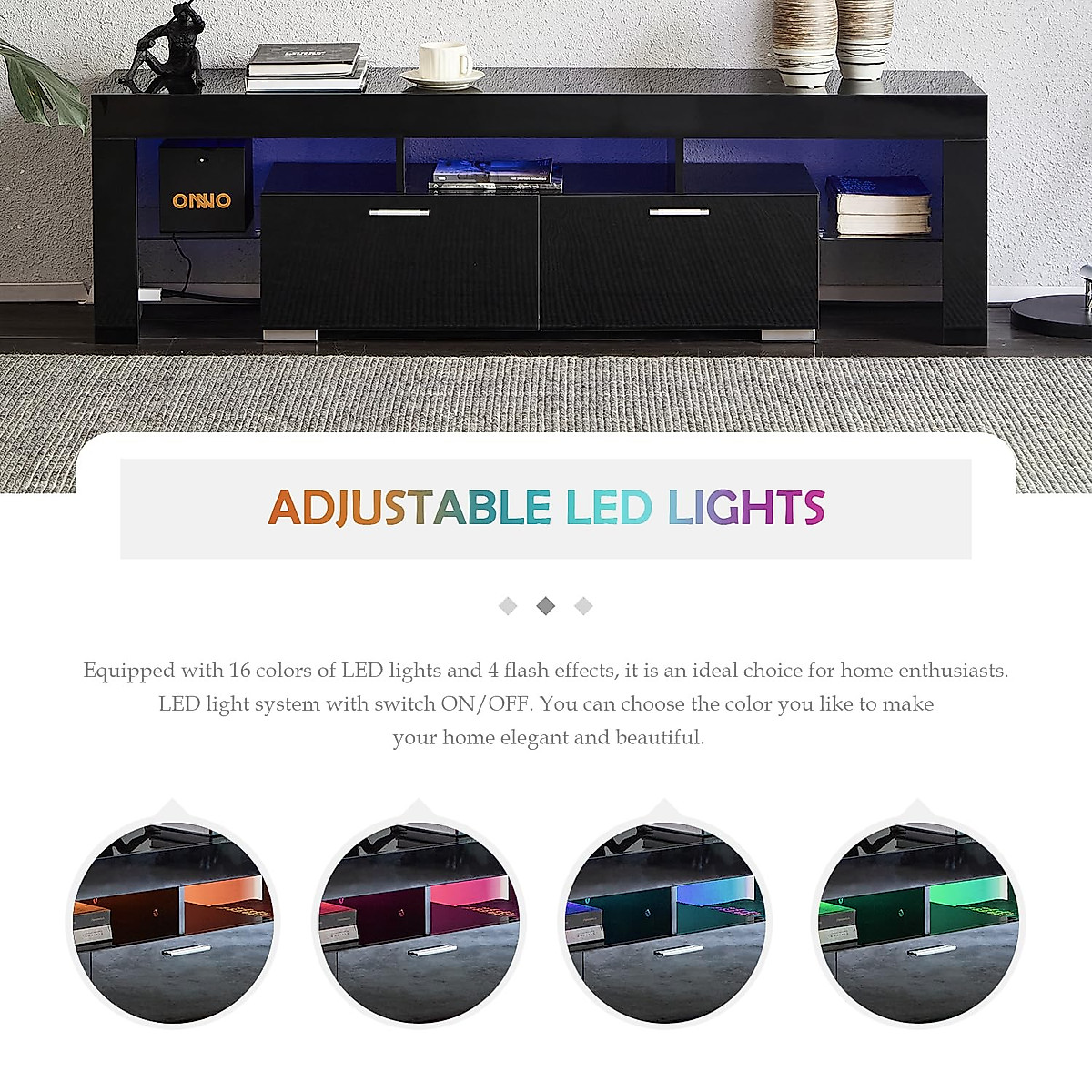 Eifizek Modern LED TV Stand for 75 inch TV, Entertainment Center with Storage, Black LED TV Stand for Living Room, Bedroom