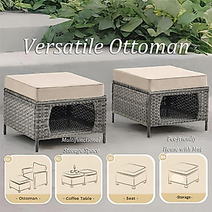kuurfuurdo 2 Piece Storage Ottomans, Wicker Ottomans Outdoor Furniture for Patio, Backyard, Additional Seating, Footrest, Side Table with Storage, Removable Cushions