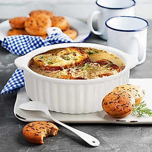 Mezchi 6 Pack Porcelain Ramekins with Handles, 14 Oz Ceramic Creme Brulee Souffle Baking Dishes Bowl, French Onion Soup Bowls for Ramen, Stew, Lava Cakes, Dishwasher, Oven, Microwave Safe, White