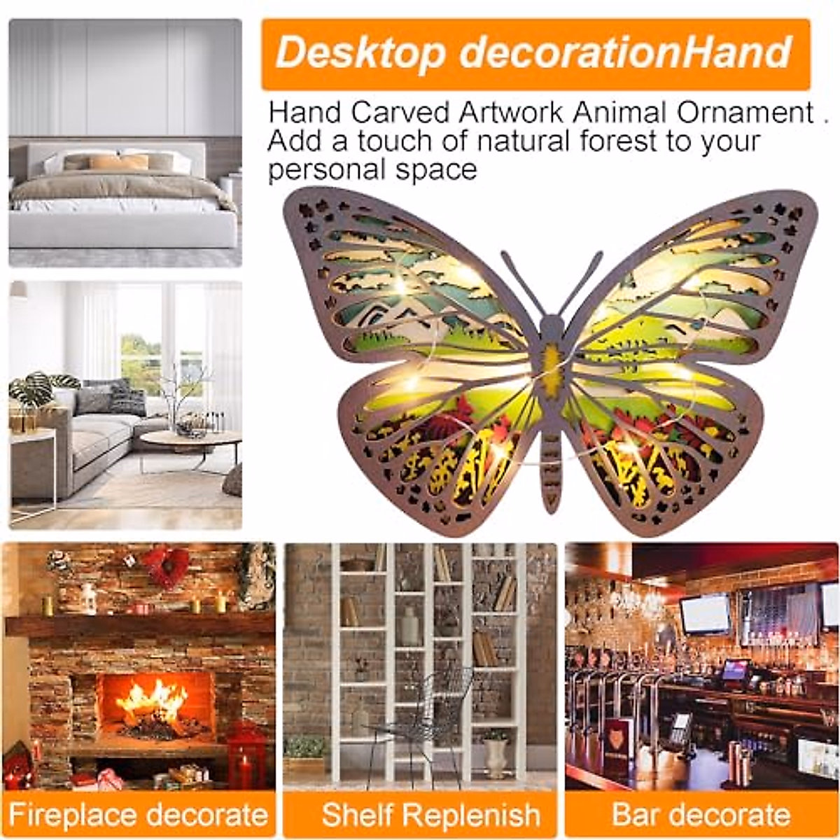 Wooden Animals Light, 3D Multi-layer Wooden Carving Light, Durable Wooden Butterfly Lights, Portable Wood Carved Lamp, Woodcarving Animal Crafts Glowing Butterfly Decor for Desktop Living Room Bedroom