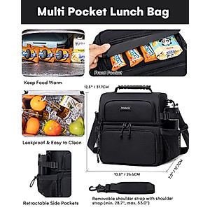 Artelaris Lunch Bag for Men Women, Dual Compartment Insulated Lunch Bag, Large Double Deck Leakproof Cooler Tote Bag with Side Pockets & Shoulder Strap Lunch Box for Picnic Work Camping Fishing