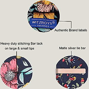 WITZROYS Men's Skinny Tie Floral Cotton Necktie and Tie Bar Clip Sets, Great for Weddings,Groom,Groomsmen (Blue & Orange #A4)