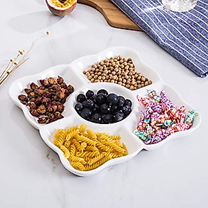 Nologo 4 Pcs White Plastic Divided Appetizer Serving Tray 5-Section Candy Snack Salad Desserts Dried Fruit Nuts Plate for Thanksgiving Wedding Home Office Party
