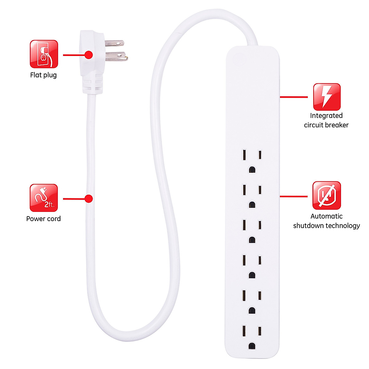 GE Power Strip Surge Protector, 6 Outlets, Flat Plug, 2ft Power Cord, Wall Mount, White, 40532 & Designer 1 Ft. Power Strip, 3 Grounded Outlets, Flat Plug, Mini Cord, Premium, White, 45190
