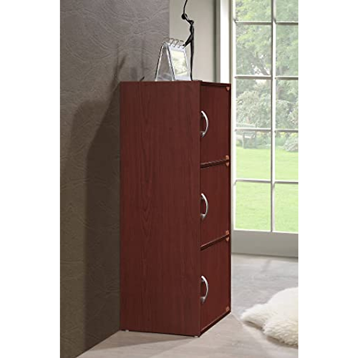 HODEDAH 3 Door Bookcase Cabinet, Mahogany