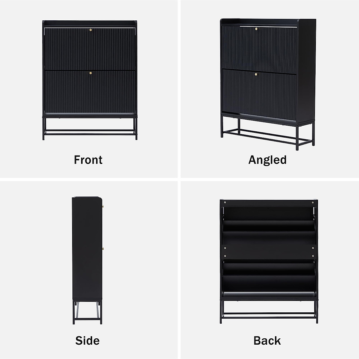 RARZOE Fluted Shoe Cabinet with 2 Flip Drawers, Modern Slim Shoe Storage Organizer, Narrow Entryway Shoe Rack, Tipping Shoe Cabinet with Metal Legs for Heels, Boots, Slippers in Entrance, Black