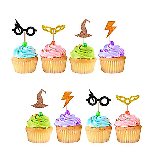 24pcs Wizard Cupcake Toppers, Magical Wizard Cupcake Toppers, Colorful Glitter Magical Inspired Cake Decoration for Kids, Wizard Themed Baby Shower/Birthday Party Supplies