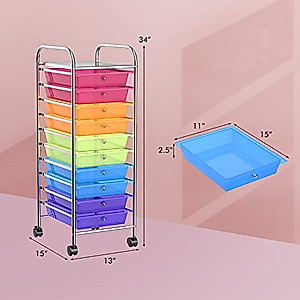 COSTWAY 10-Drawer Rolling Storage Cart, Utility Mobile Trolley with Removable Drawers & Universal Casters & 2 Brakes, Versatile Flexible Drawer Organizer Cart for Home, Office (Rainbow)