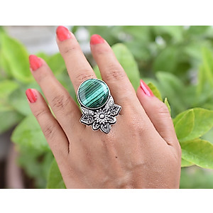 Rekha Gems Malachite Ring-925 Sterling Silver Ring-Vintage Ring-Handmade Ring-Birthday Gift-Green Gemstone Ring-Boho and Hippie Ring-Birthstone Ring-Malachite Jewelry- RMK13 (4.50 US)