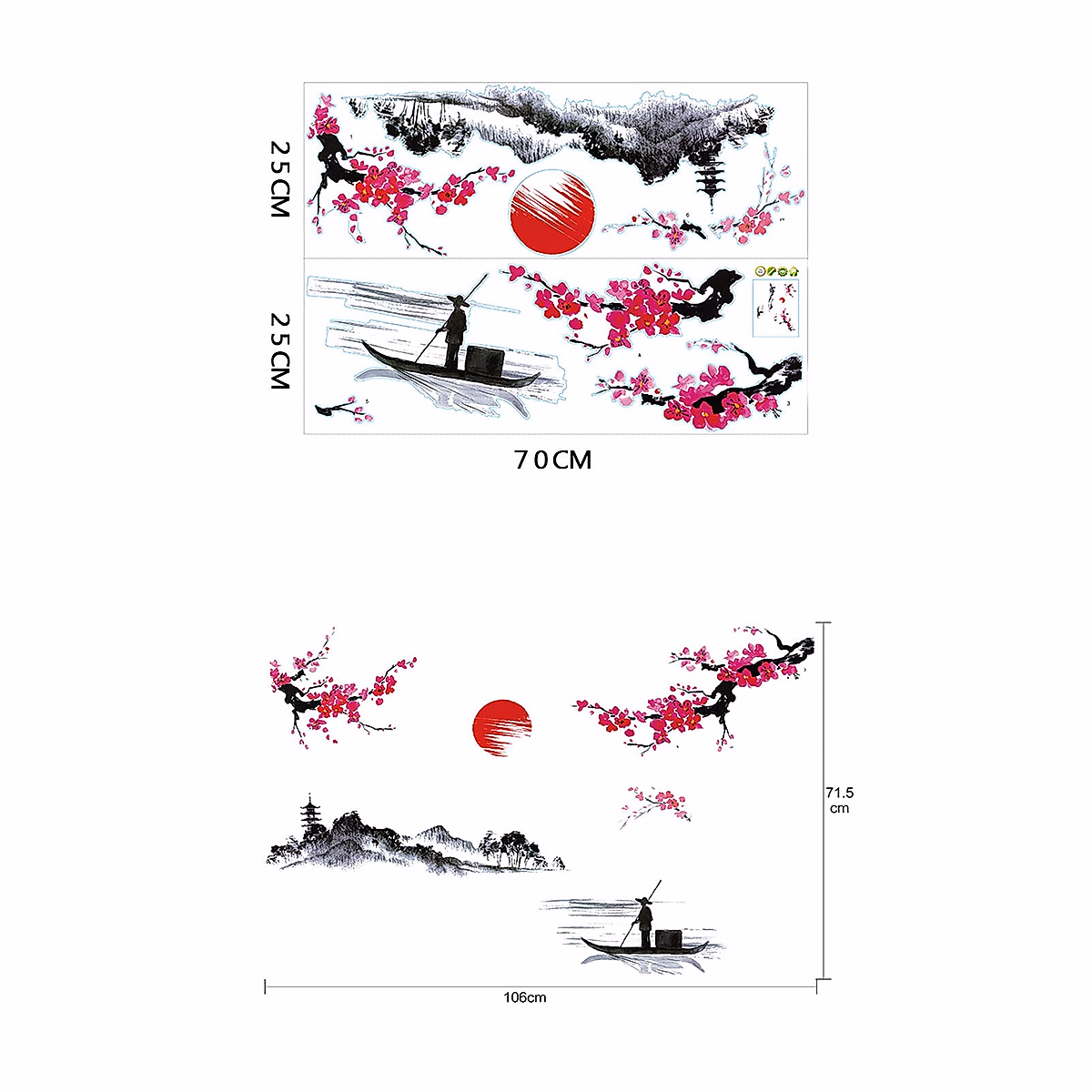 2 Sheets Japanese Style Splash Ink Landscape Painting Wall Sticker Red Cherry Blossom Wall Decals Removable Peel and Stick Mountain River Fisherman Mural for Bedroom Living Room TV Home Decor