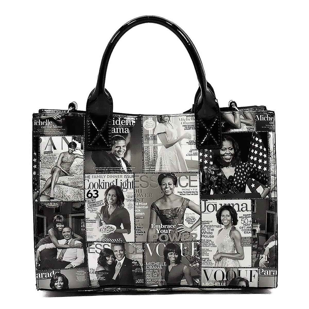 Glossy Magazine Cover Collage 3-in-1 Shoulder Bag Hobo Michelle Obama Handbag (3-Black/White)