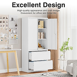 SISESOL Metal Storage Cabinet with Drawers, 71" File Cabinets for Home Office, Locking Steel Storage Cabinet with Doors and Shelves for Home, Office, Warehouse, Garage, School (White, 2 Drawers)