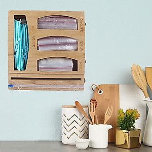 Plastic Bag Storage Organizer Bamboo - 5 in 1 Wrap Dispenser with Cutter, Suitable for Gallon, Quart, Sandwich & Snack Bag, Cling Film, Aluminum Foil etc; Compatible with 12" Kitchen Rolls