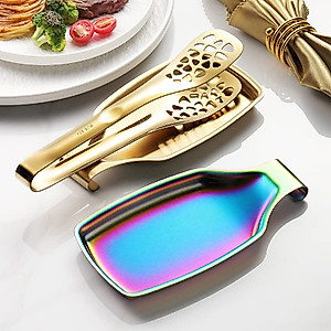 Spoon Rest for Stove Top, 2-Piece Stainless Steel Spoon Holder for Kitchen Counter, Gold Spatula Ladle Cooking Utensils Rest, Heavy Duty & Large Size, Dishwasher Safe