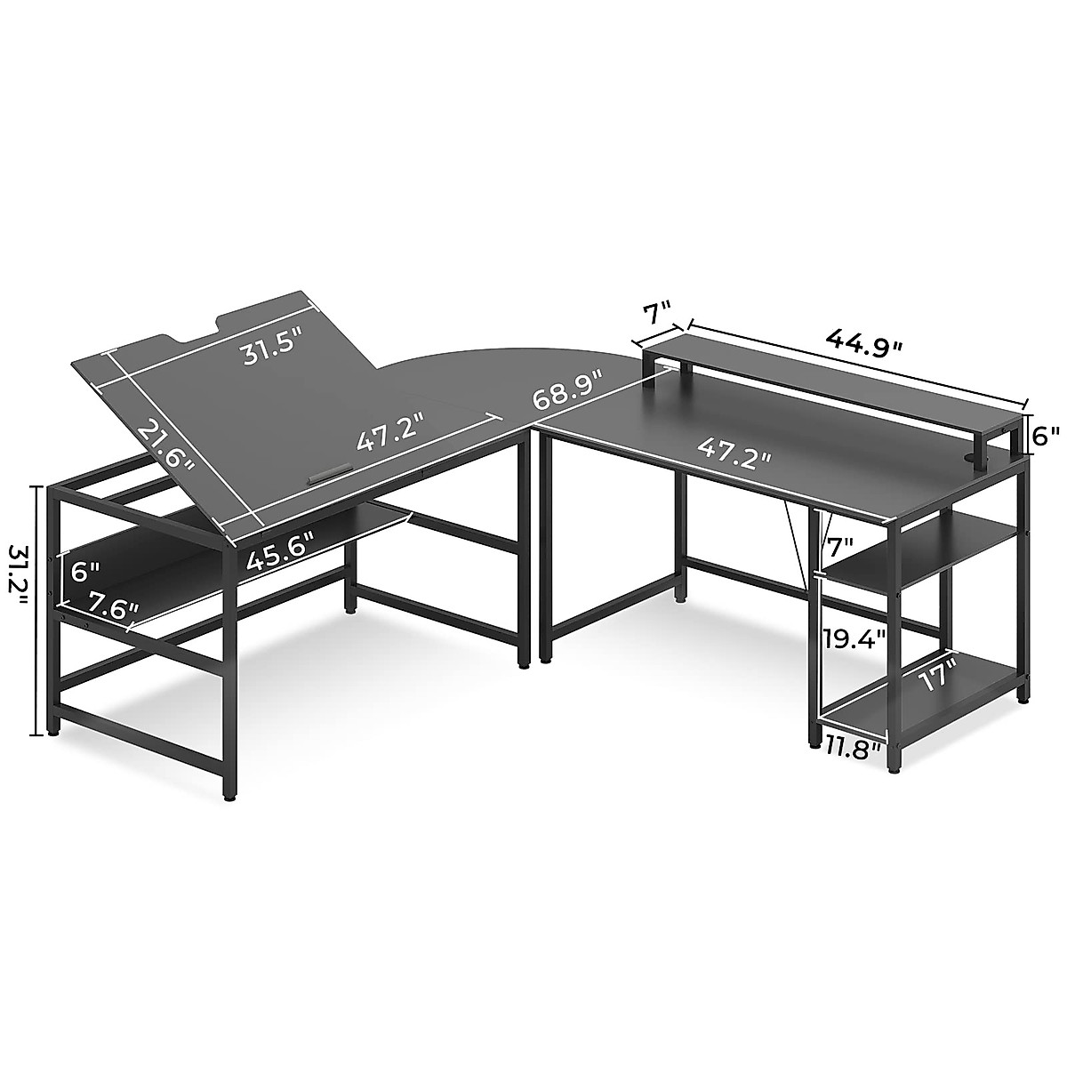 SEDETA L Shaped Computer Desk with Hutch, Drafting Drawing Table for Artists, 68.9 inches Corner Computer Desk for Home Office, Workstation Table with Monitor Stand Riser and Tiltable Desktop, Black