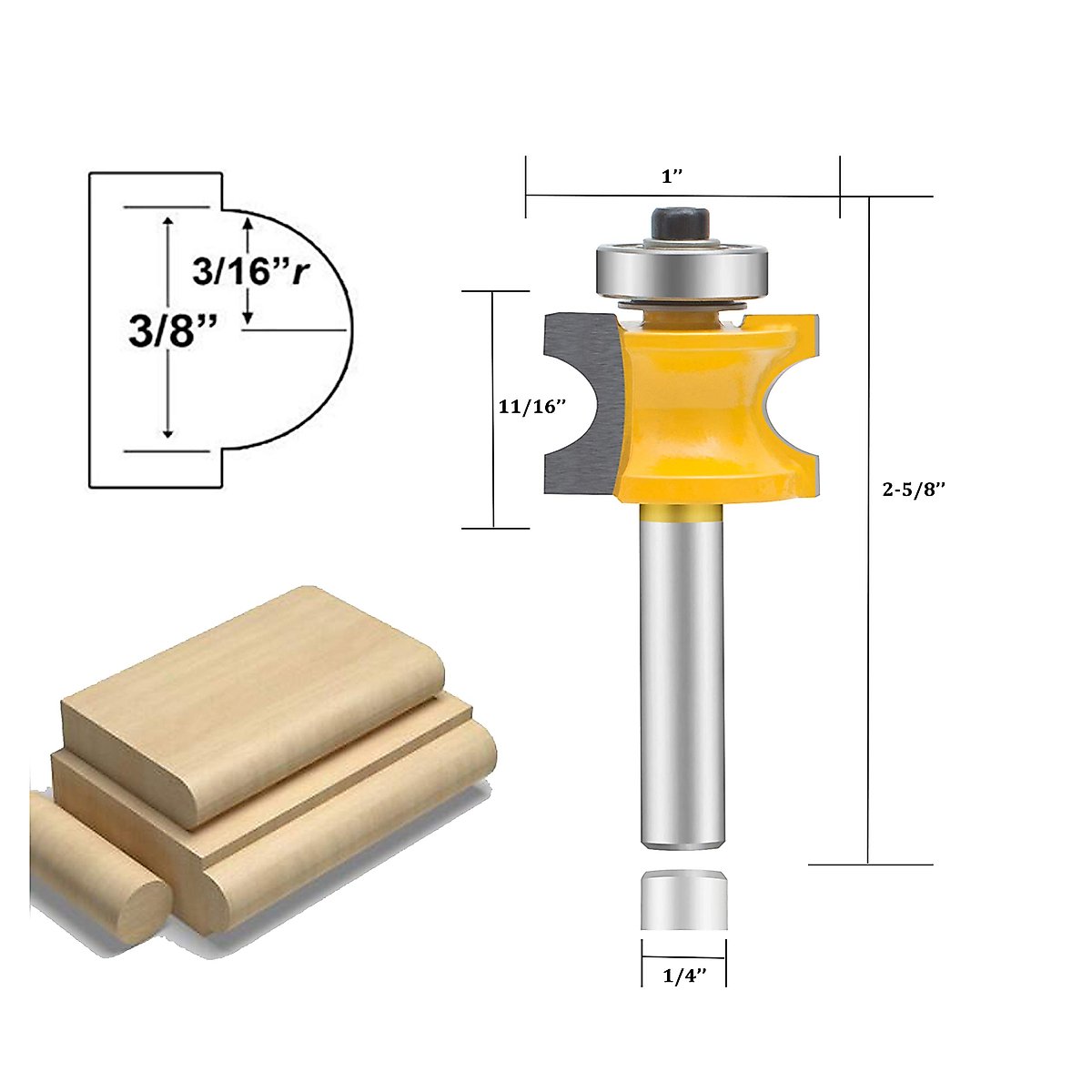 OLETBE Router Bits 1/4 Inch Shank Bullnose Bit 5PCS，Half Round Bearing Cabinet Shelf Door Edge Cutting Bits， Radius 1/8" 3/16" 1/4" 5/16" 3/8", Woodworking Milling Cutter CNC Tool(Panel)