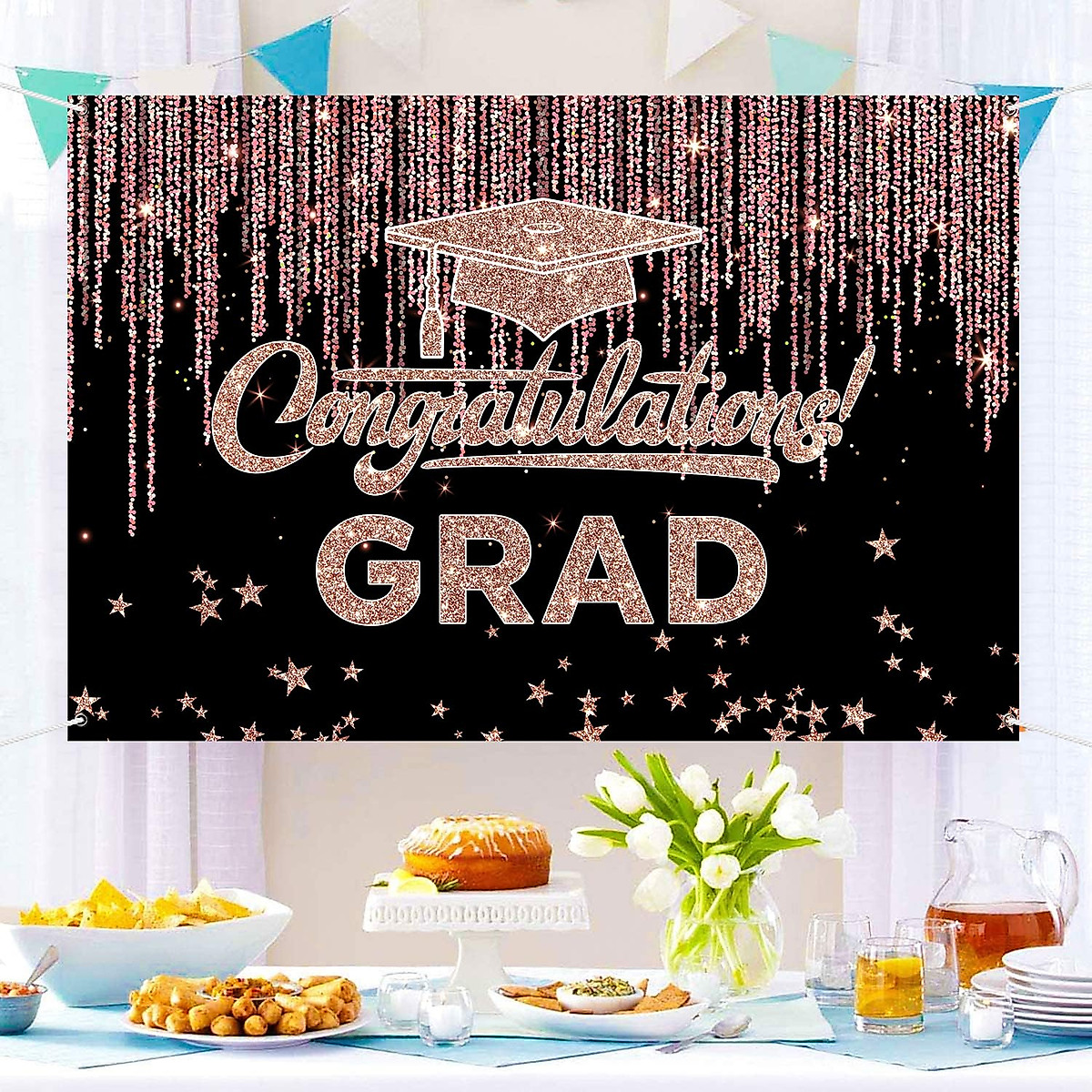 INNORU Congratulations Grad Graduation Backdrop Banner, Graduation Photography Backdrop Poster Durable Fabric Finally Done Banner Graduation Party Decorations Photo Booth Props 6x4ft Rose Gold