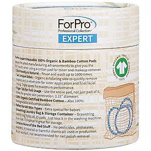 ForPro Professional Collection Expert Reusable Cotton Rounds (20 Pack), 100% Organic and Bamboo Makeup Remover Pads, Includes Drawstring Laundry Bag and Storage Container