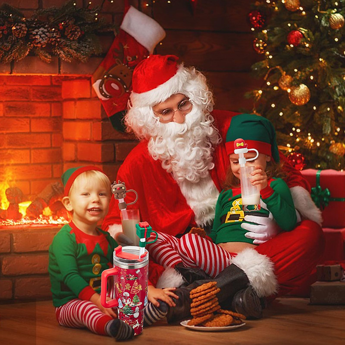 6PCS Christmas Straw Cover Cap for Stanley Cup, Silicone Straw Topper for Stanley 30&40 Oz Tumbler with Handle, 10mm Drinking Straw Tip Covers for Christmas Gifts. (Color 1)