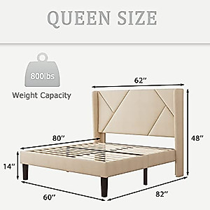 iPormis Queen Size Platform Bed Frame with Wingback, Geometric Upholstered Bed Frame with Headboard, Wood Slats Support, No Box Spring Required, Beige