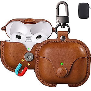 Airpods 3 Case Leather, Maxjoy for Airpods 3rd Case Cover 2021 AirPod Gen 3 Protective Cover with Keychain Compatible with Apple Airpods Generation 3rd 2021 (Front LED Visible), Brown